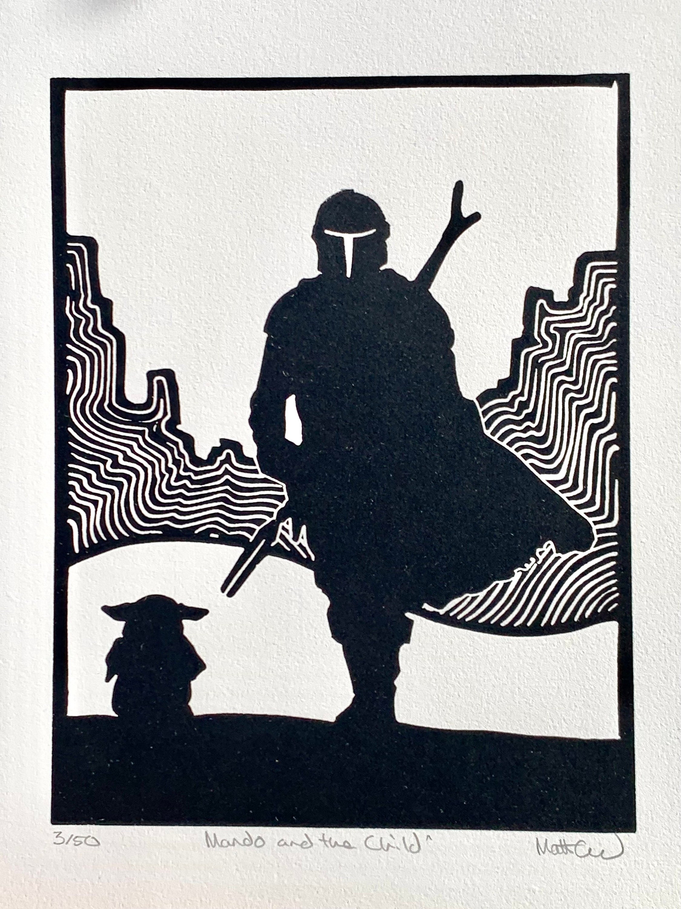 Handmade Linocut Print of Star Wars Mando and Baby Yoda, 8.5x11 Fine Art for Sci-fi Collectors ...