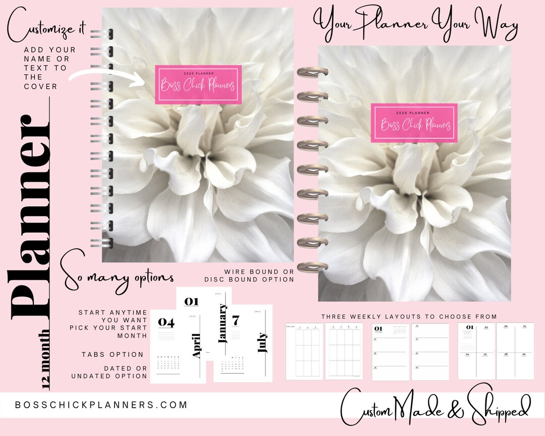 12 Month Planner Big White Flowers - Choose Start Month, Disc/wire ...