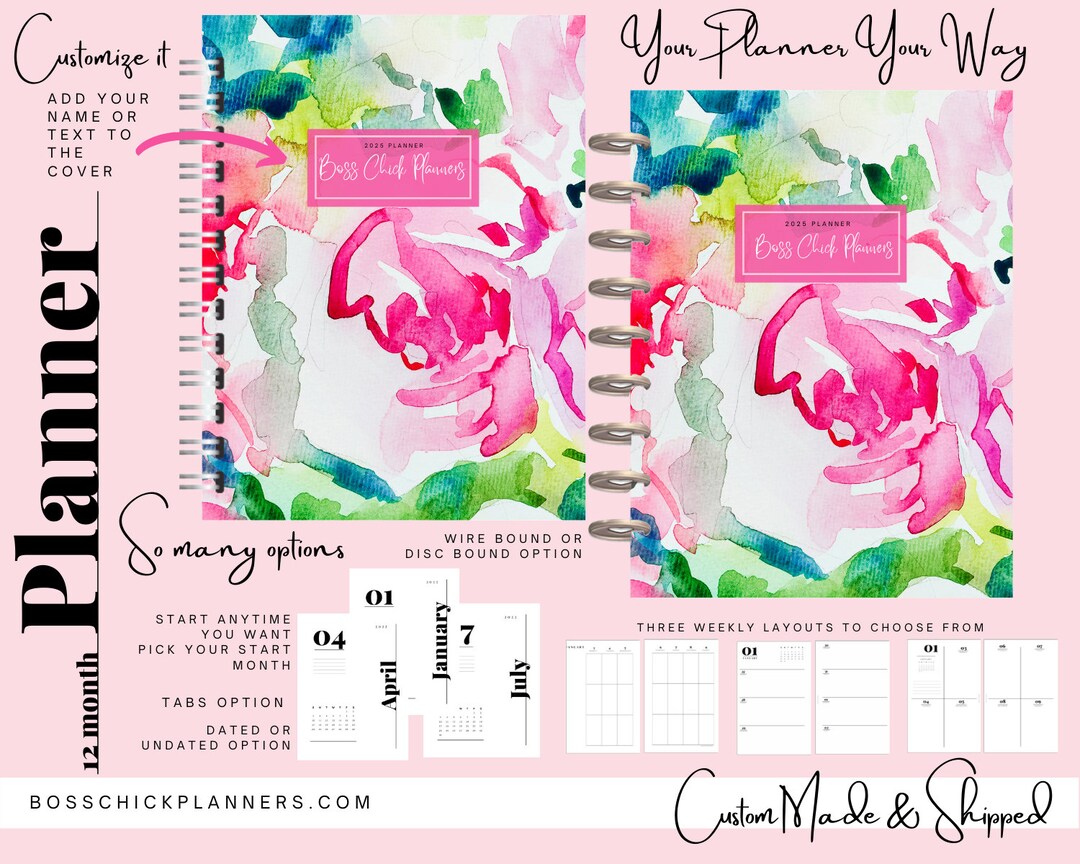 Watercolor Print - 12 Month Planner - Choose Start Month, Disc/wire ...