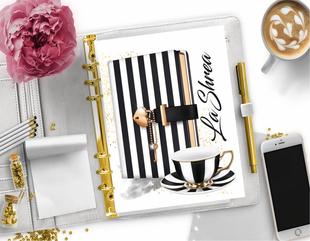 Black Stripe N Tea Planner Dashboard Covers, Personalized Cover, Happy ...