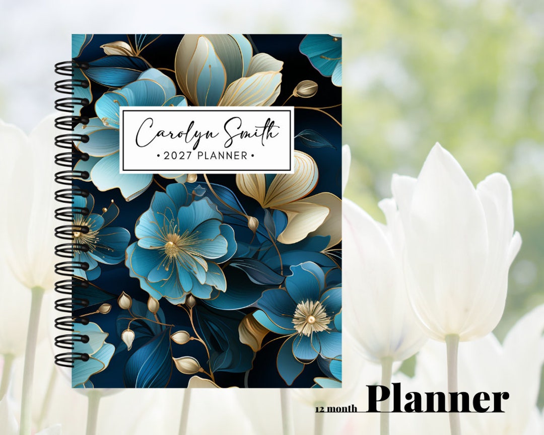 Beautiful Blue Flowers 12 Month Planner - Choose Start Month, Disc or ...
