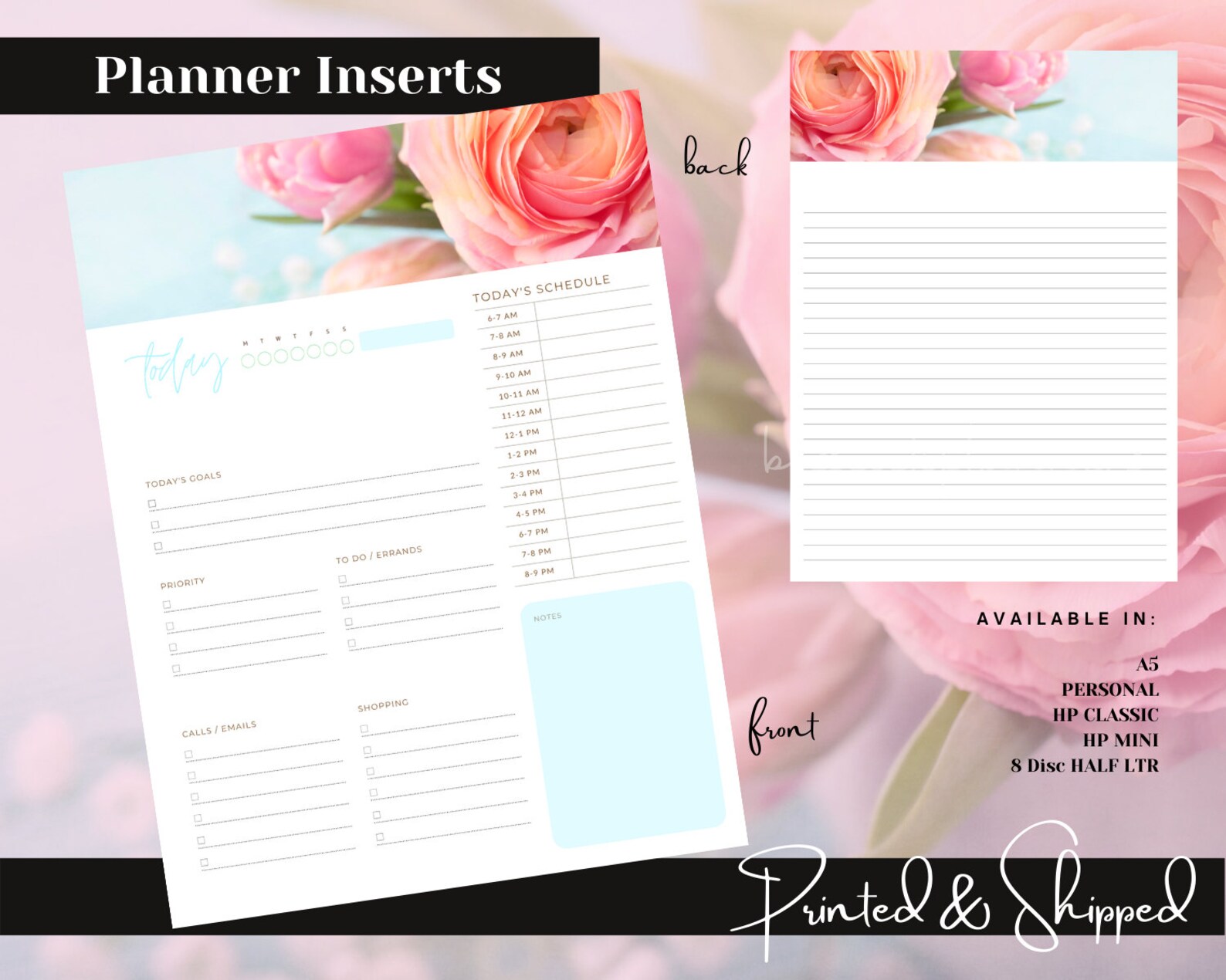 Printed Planner Inserts, Floral Inspired Daily Planner Inserts for A5 ...