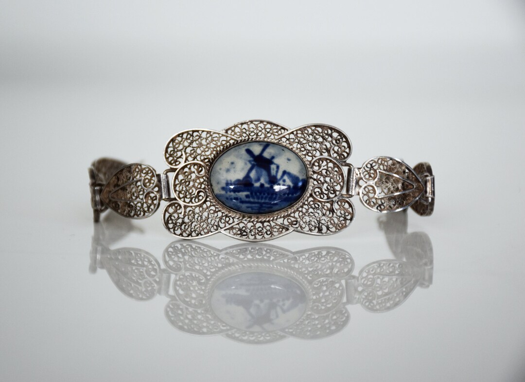 Vintage Silver Filigree and Delft Porcelain Panel Bracelet Made by ...