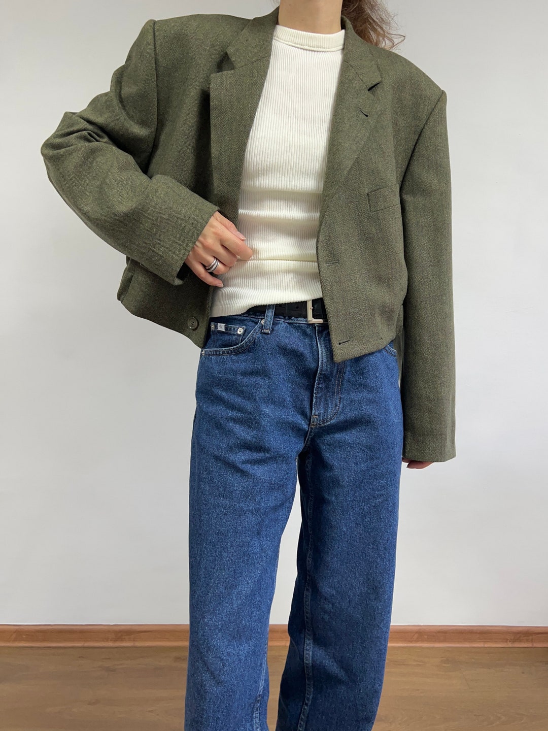 Cropped Upcycled Bomber Jacket Olive Blazer Reworked Jacket - Etsy