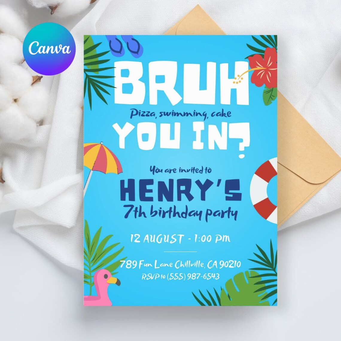 Editable Bruh Birthday Invitation - Pool Party Theme | Teen Summer Bday ...