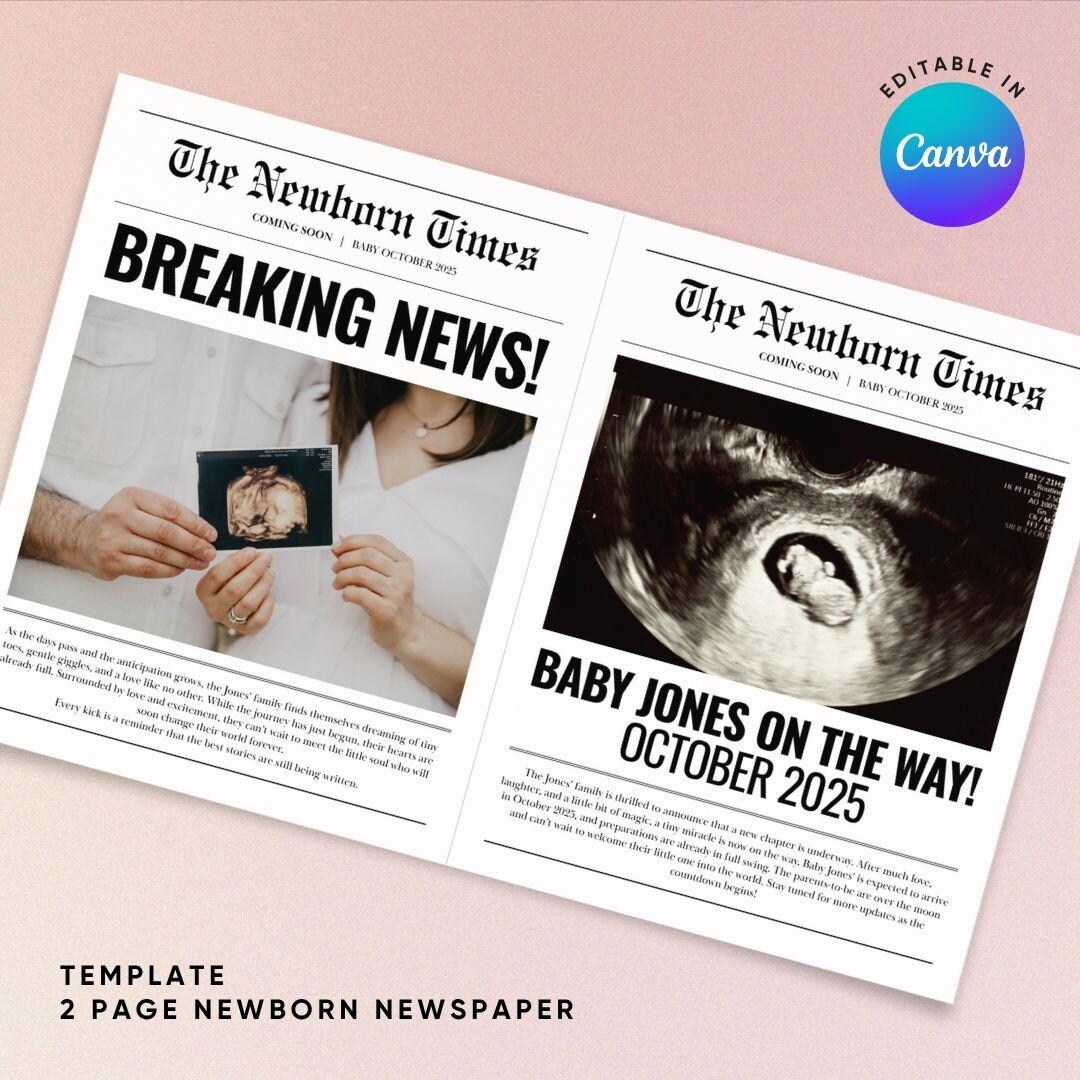 Editable Canva Newspaper Pregnancy Announcement – Custom Baby Arrival ...