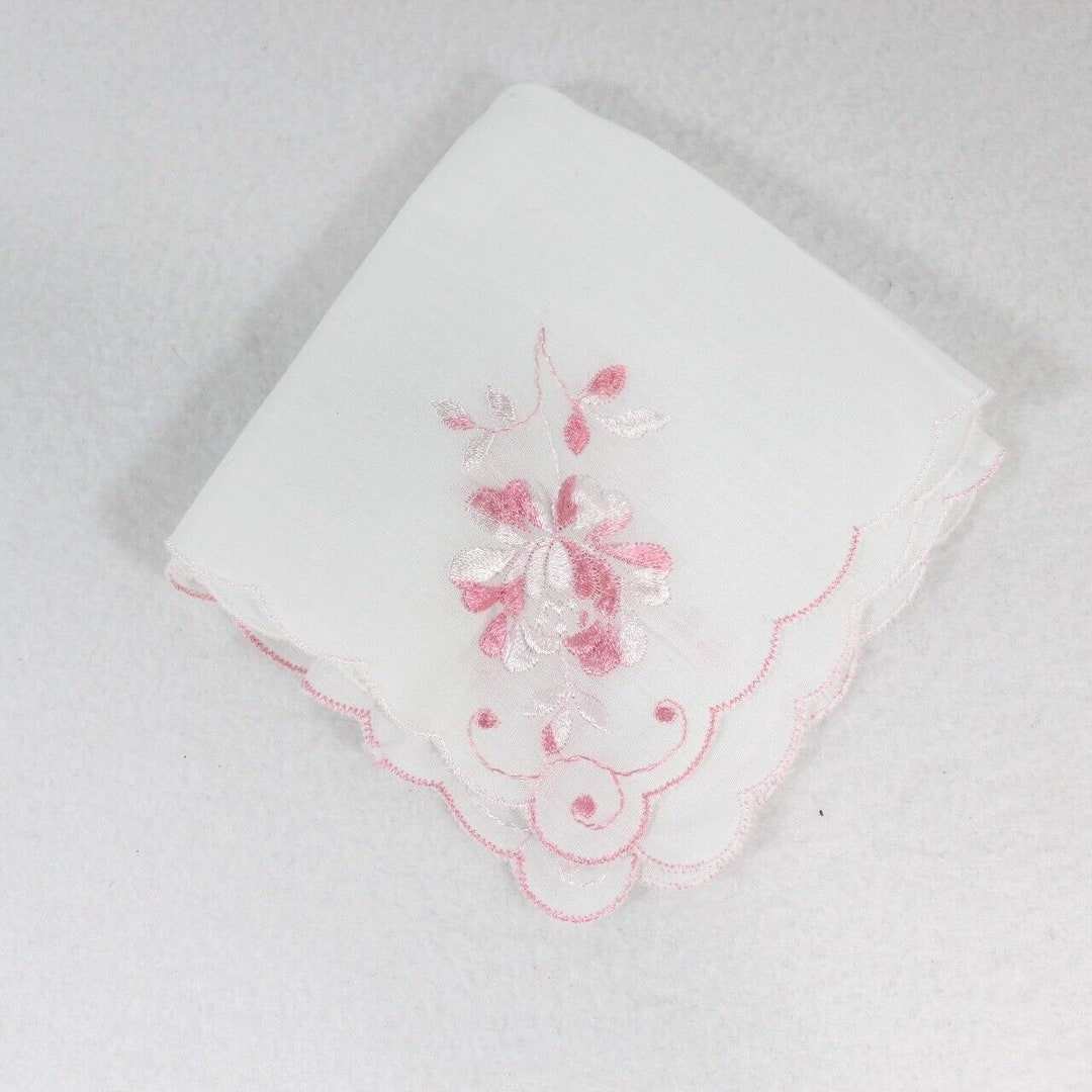 Vintage Embroidered Handkerchief White Dainty Pink White Floral ...