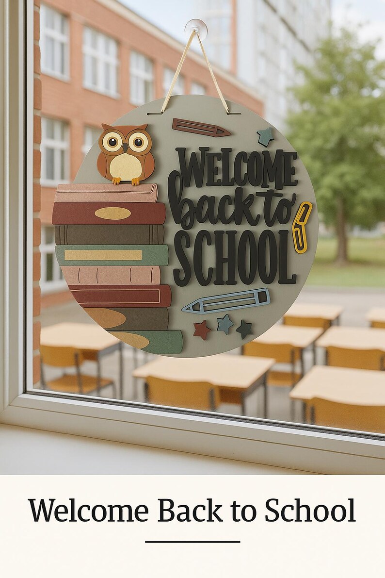 Welcome Back to School Door Sign – Owl & Books Classroom Decor, Round ...