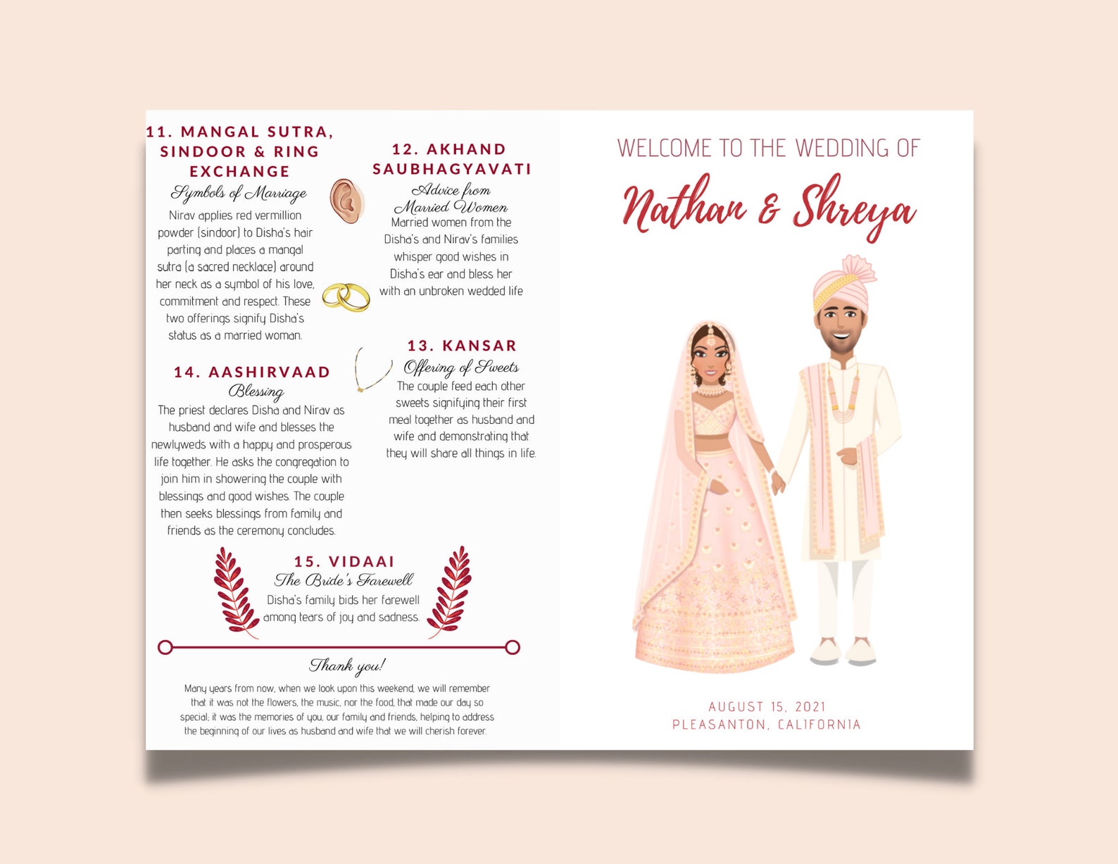 Hindu Wedding Program, Indian Wedding Program, Custom Wedding, Indian ...