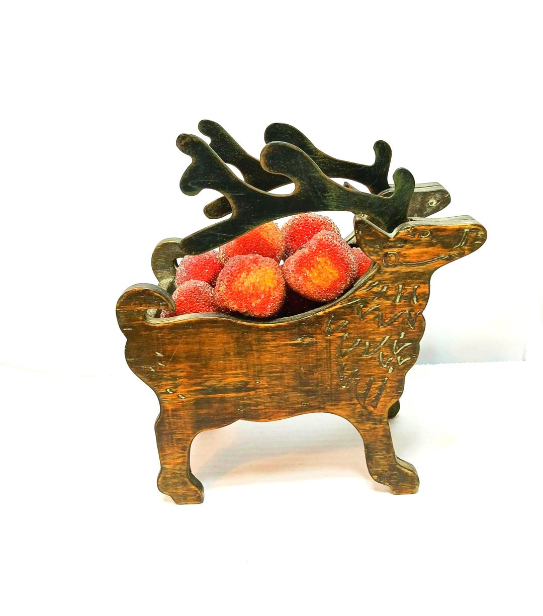 Carved Wood & Metal Standing Deer Buck Reindeer Shape Nut/candy 9 ...