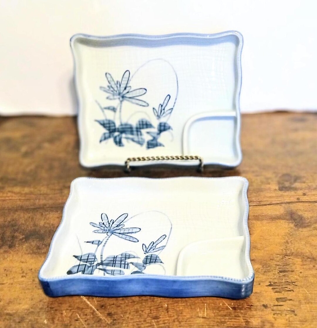 Ceramic Japanese Style Scalloped Rime " Blue Flowers" Sushi Plate With ...