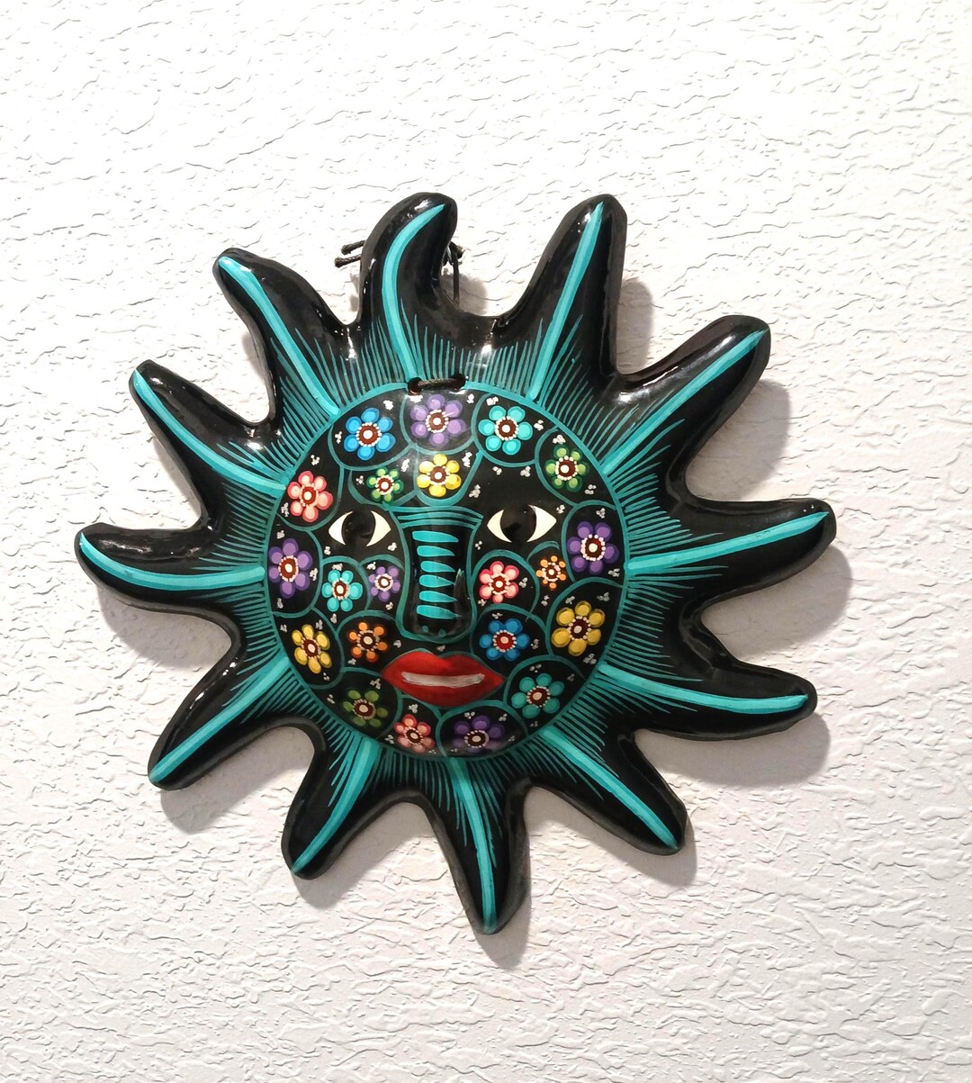 Hand Crafted Clay Pottery 3D Sun Face Black / Teal Mexican Folk 10" X ...