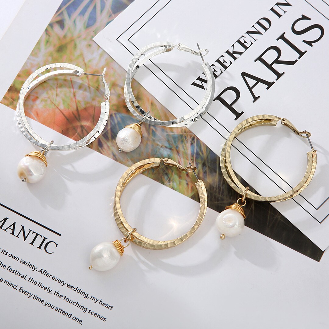 Gold and Silver Double-hoop Earrings Drop Shape Freshwater Pearl Bead ...