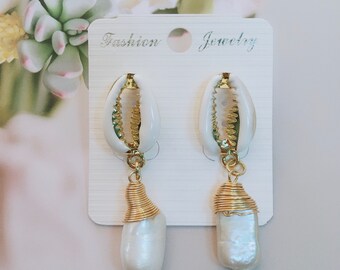 Pearl and Shell Drop Earring 14K Gold Plated Dangling - Etsy