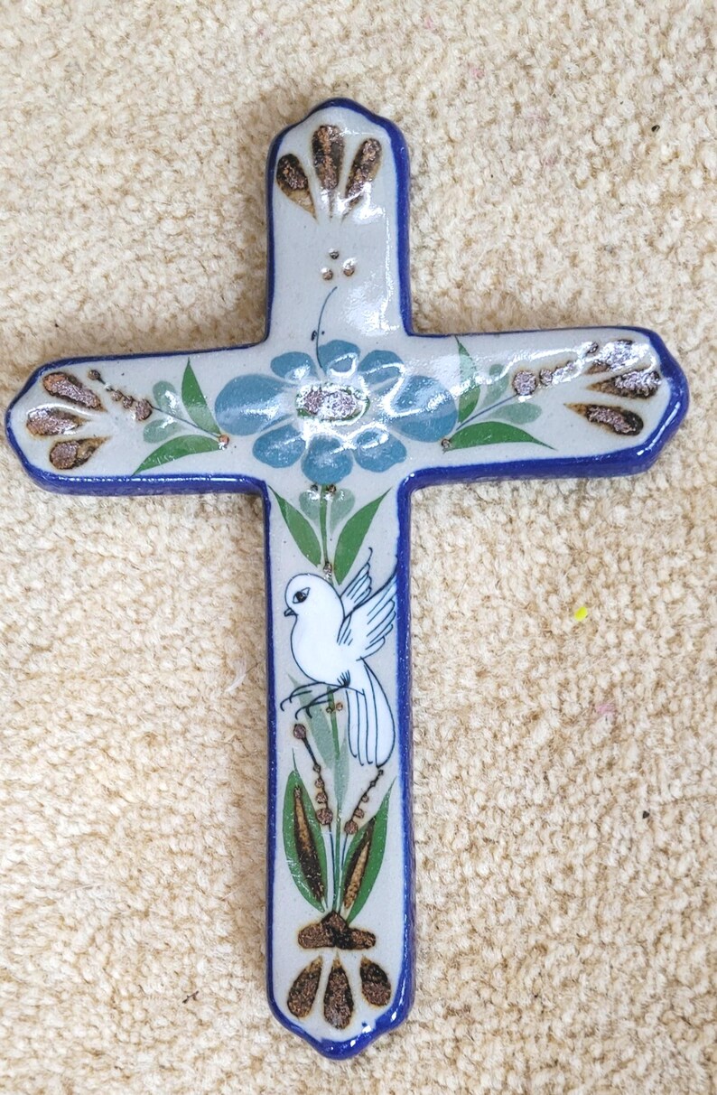 Hand Painted Ceramic Cross Made in Mexico. Style #3 Blue or Tan Borders ...