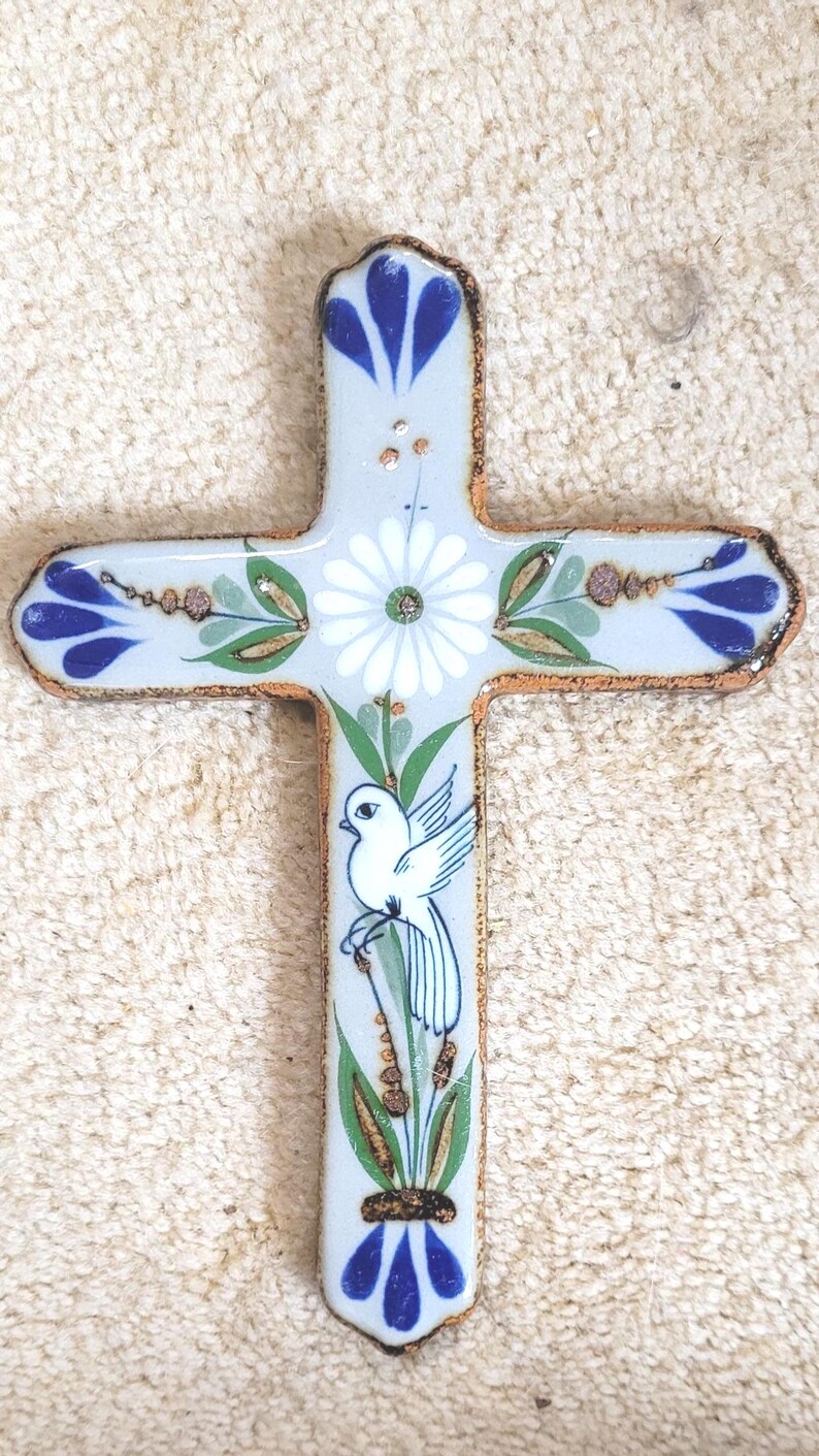 Hand Painted Ceramic Cross Made in Mexico. Style #3 Blue or Tan Borders ...