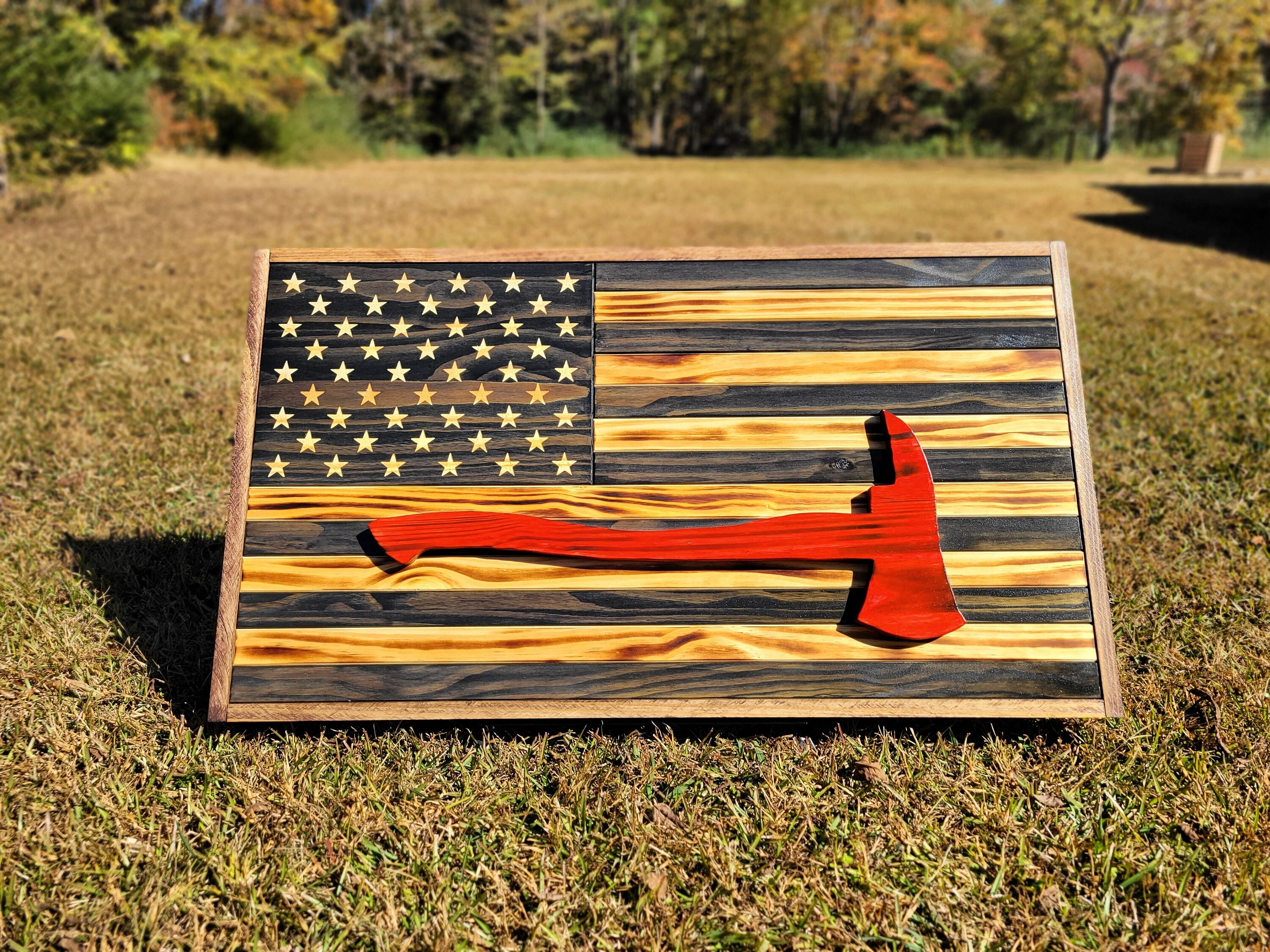 Red Axe/red Line Firefighter Wood Flag - Etsy