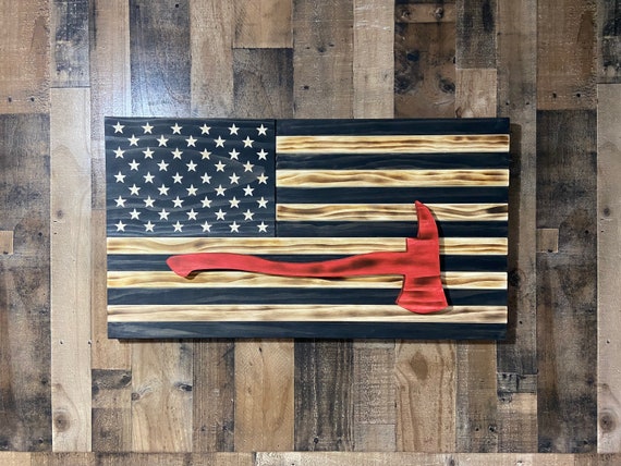 Red Axe/red Line Firefighter Wood Flag | Etsy