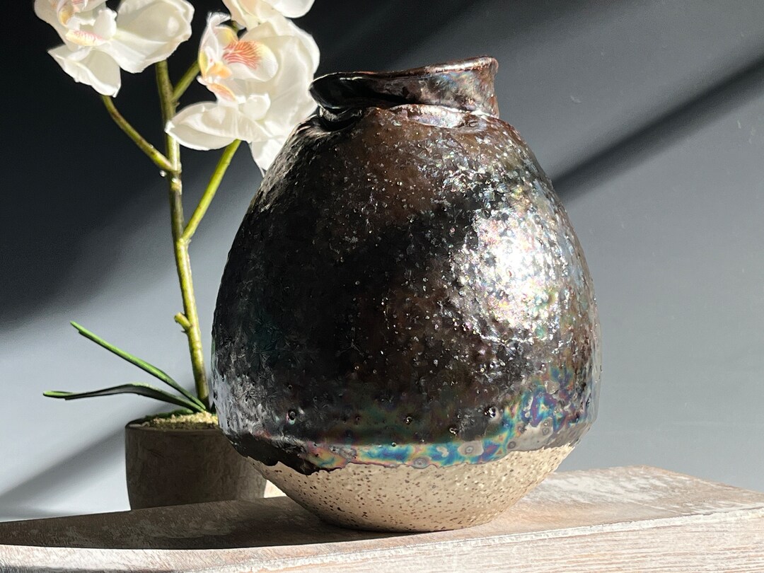 Handmade Speckled Clay Crumpled Vase. Brown Metallic Glaze With Small ...