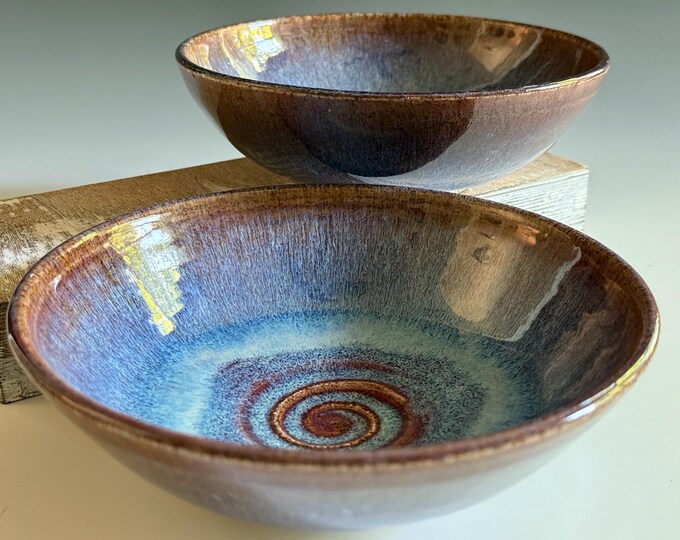 Set of Two Matching Nesting Bowls Speckled Clay Stoneware With Sky Blue ...