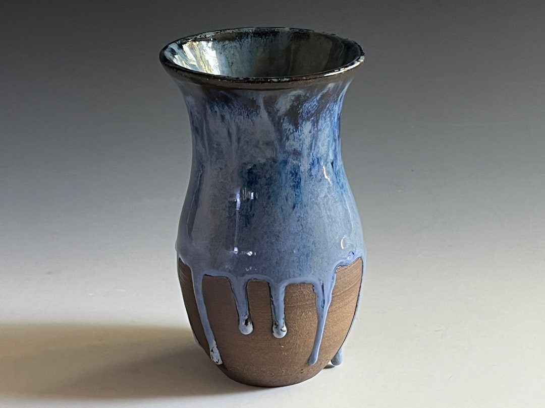 Handmade Brown Clay Stoneware Vase With Big Blue Drips Raw Clay Edge ...