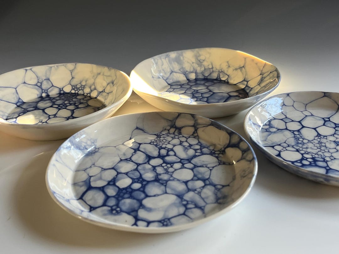 Handmade Ceramic Blue Bubble Glaze Bowl and Dish Set. Two Matching Soup ...