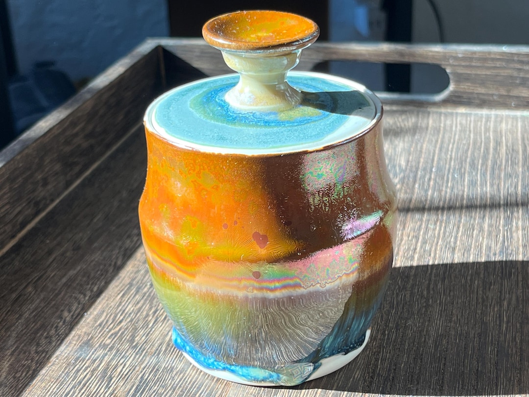 Handmade Solar Flare Crystalline, and Blue Lidded Ceramic Spice Jar ...