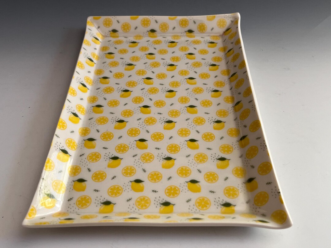 Handmade Ceramic Rectangular Platter With Yellow Lemon Slices Design ...
