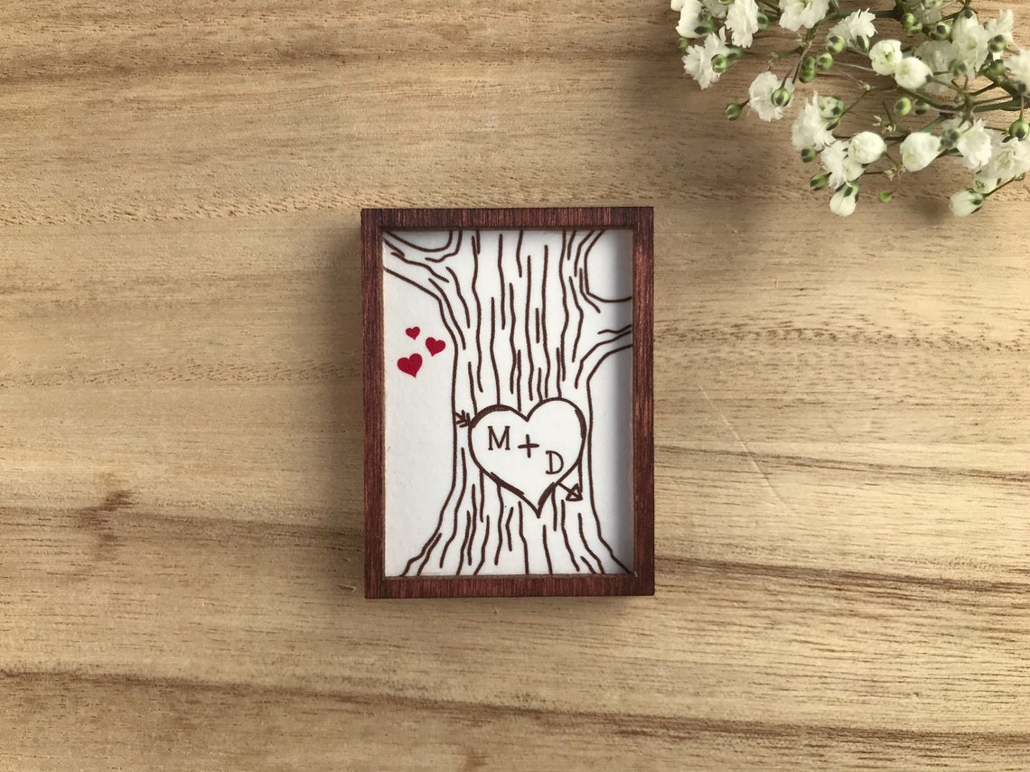 Custom Heart Carved Tree Your Initials Wood Framed - Etsy