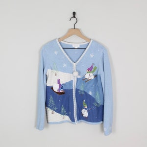 Vintage Sledding Snowmen Ugly Blue Christmas Cardigan Sweater - Etsy