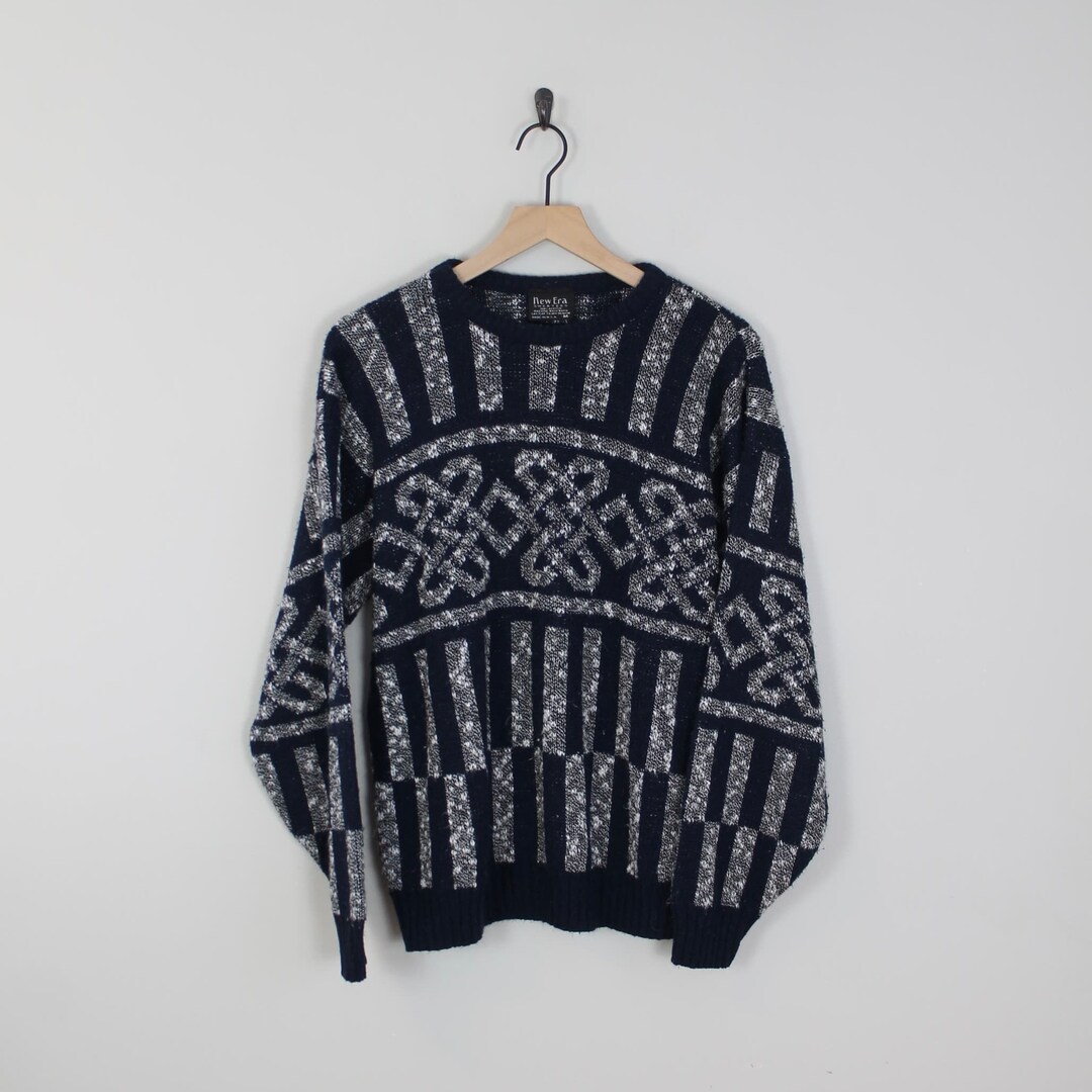 Vintage 80s Blue and White, Abstract New Era Sweater, Size Medium, Knit ...
