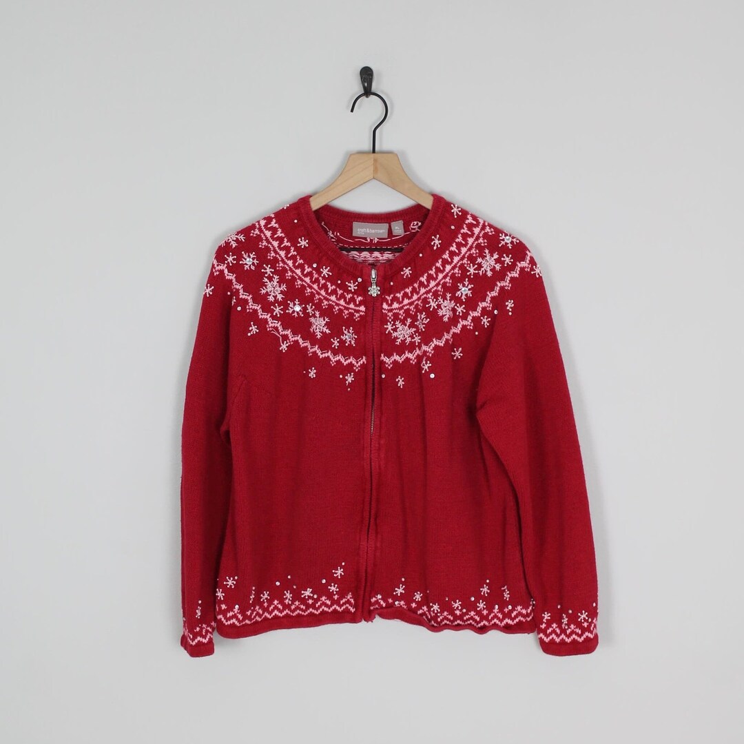 Vintage Embroidered Snowflake Ugly Christmas Cardigan Sweater, Tag Size ...