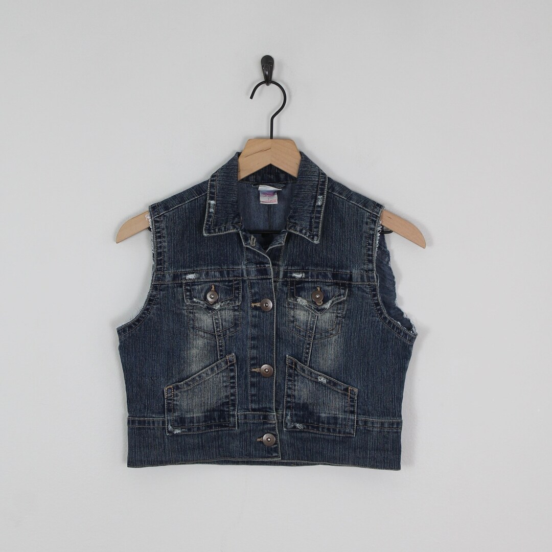 Vintage Denim Vest With Cut-off Sleeves, Size Large, Xhiliration ...