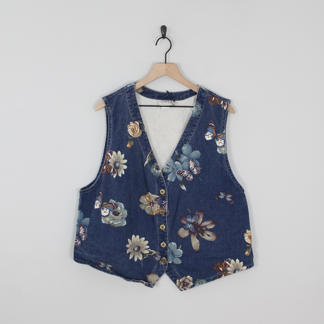 Vintage Denim Vest With Flowers and Butterflies, Size 2XL, Stampede ...