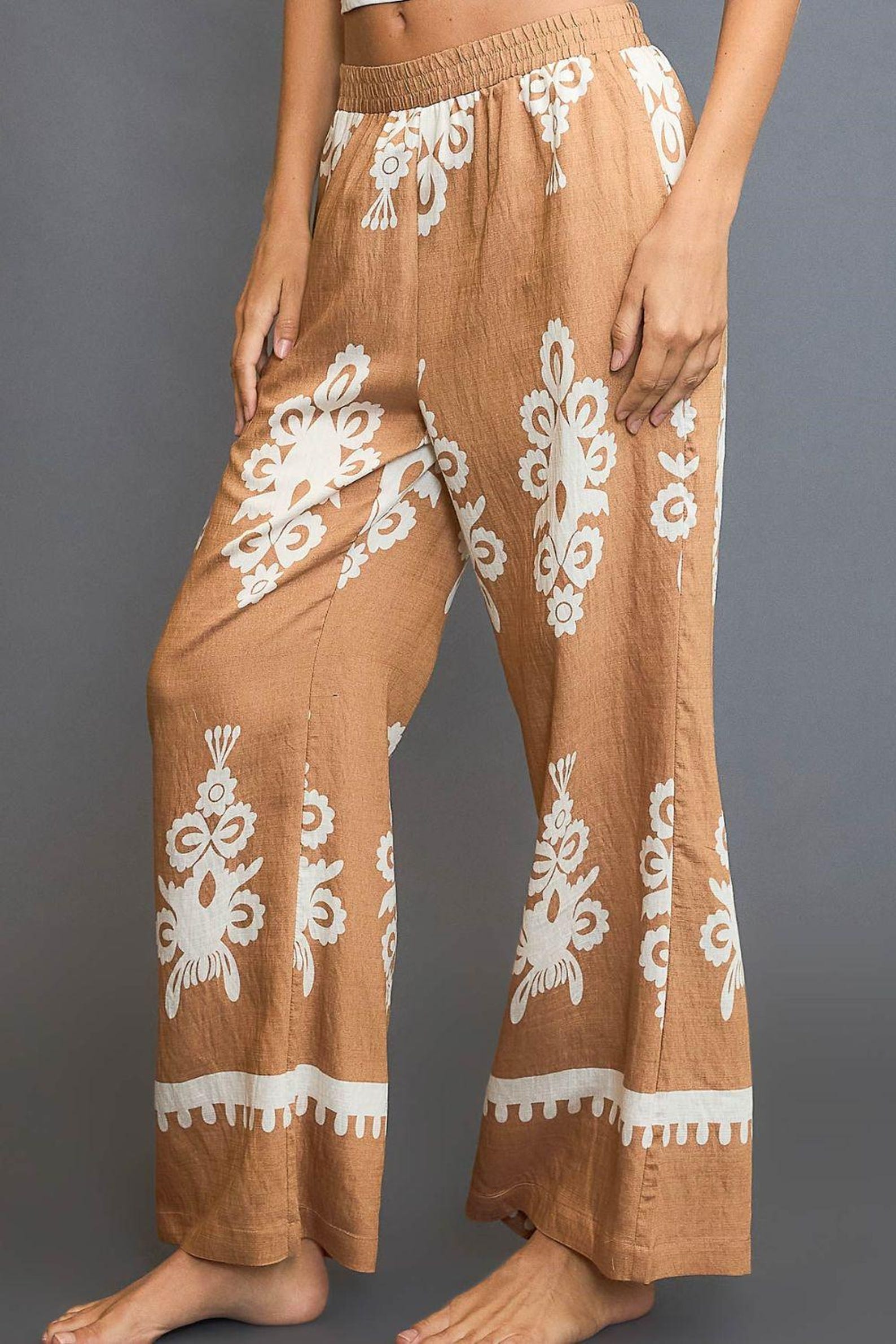 Tan Border Print Wide Leg Pants With Boho Embroidery - Etsy