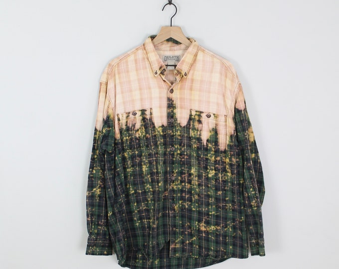 Vintage Hand Bleached Green and Beige Flannel Shirt, Size Large, Acid ...