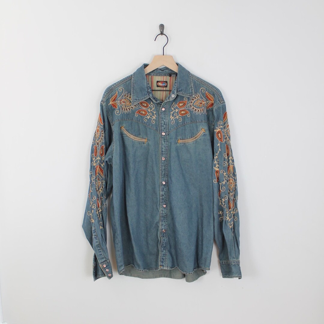Vintage 90s Embroidered Martini Ranch Western Denim Shirt - Etsy