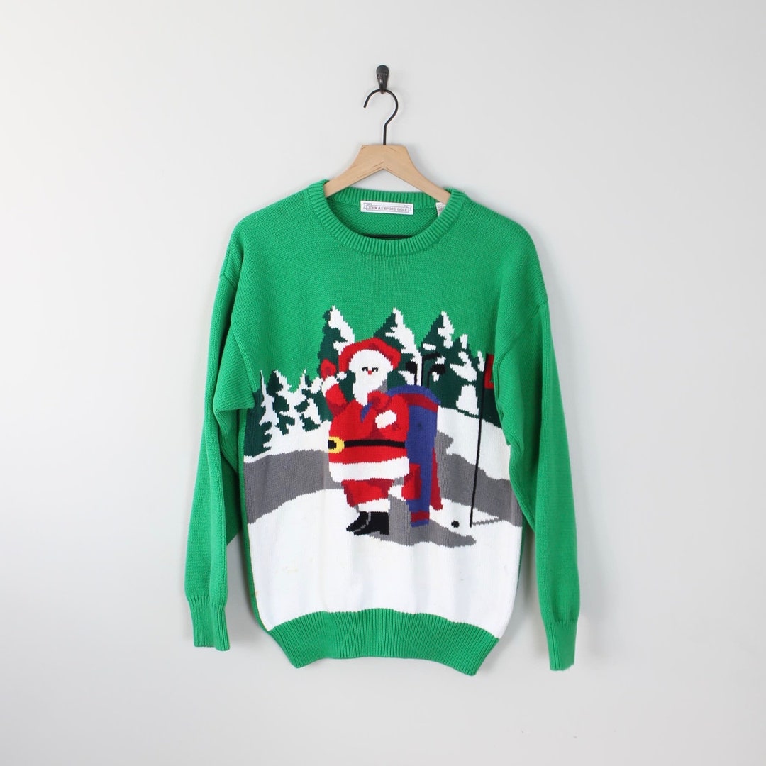 Vintage Knit Golfing Santa Claus Ugly Christmas Sweater, Tag Size ...