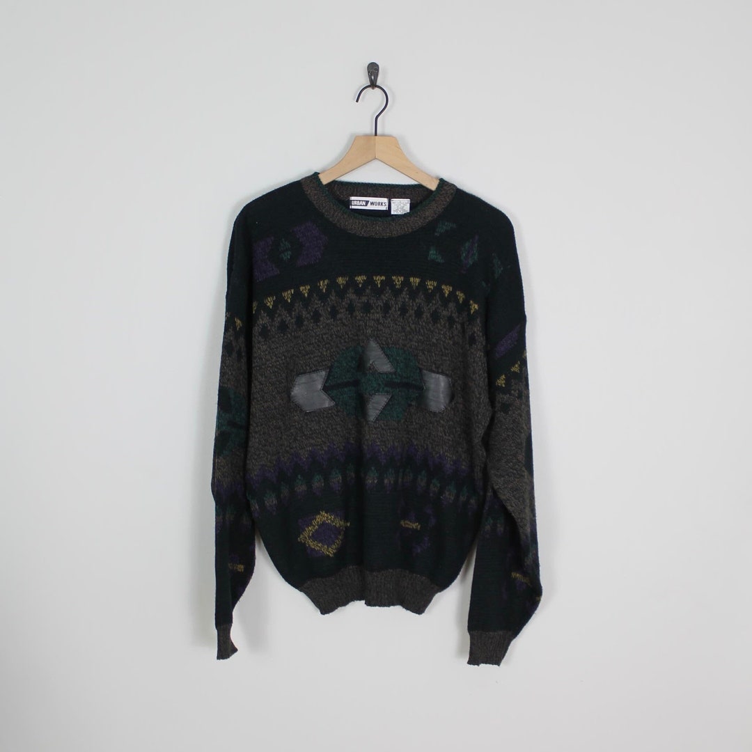 Vintage 80s Geometric Sweater With Leather Accents, Size Large, Urban ...