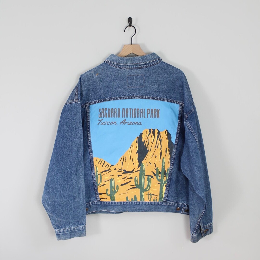 Hand Painted Vintage Denim Jacket, Saguaro National Park Postcard, Size ...