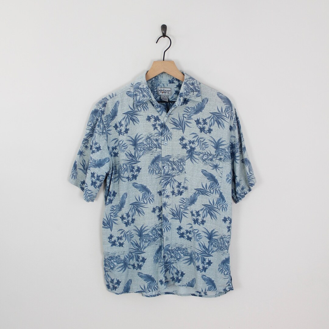 Vintage Wyndham Pointe, Blue Palm Pattern Silk Hawaiian Shirt, Size ...