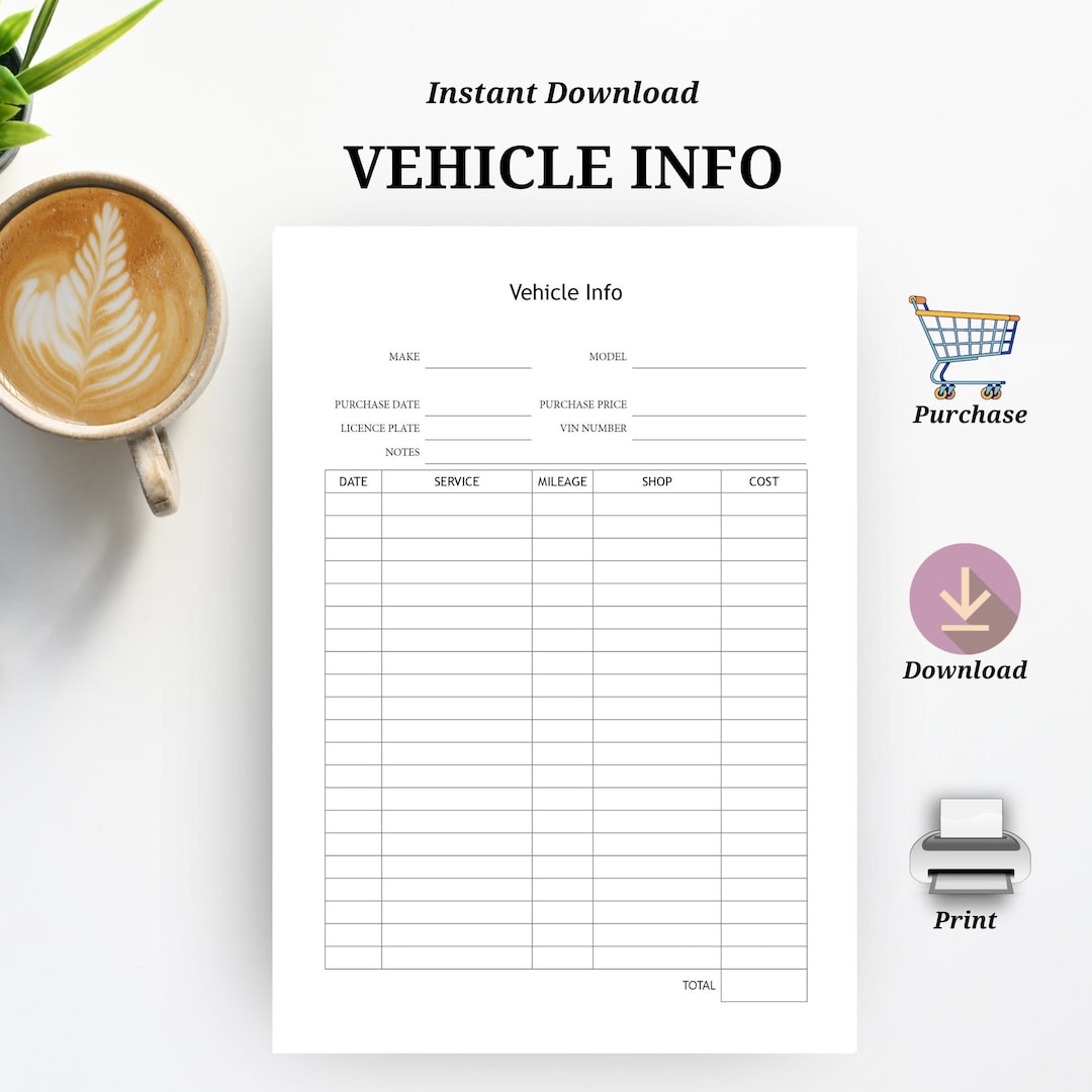 Printable Vehicle Information, Car Maintenance Log , Vehicle Service ...