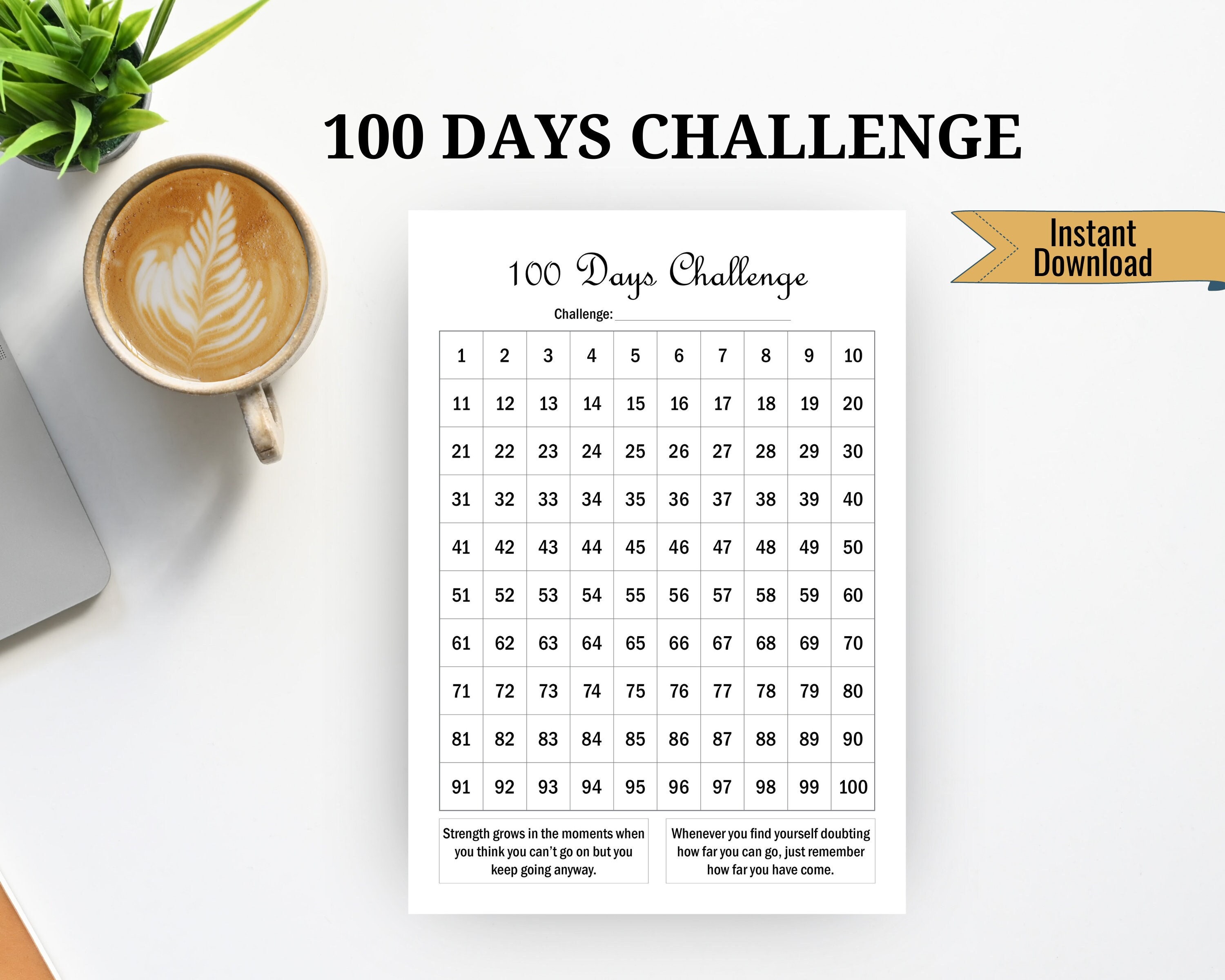 100 Days Challenge Tracker, 100 Day Project Worksheet, Printable Goal ...