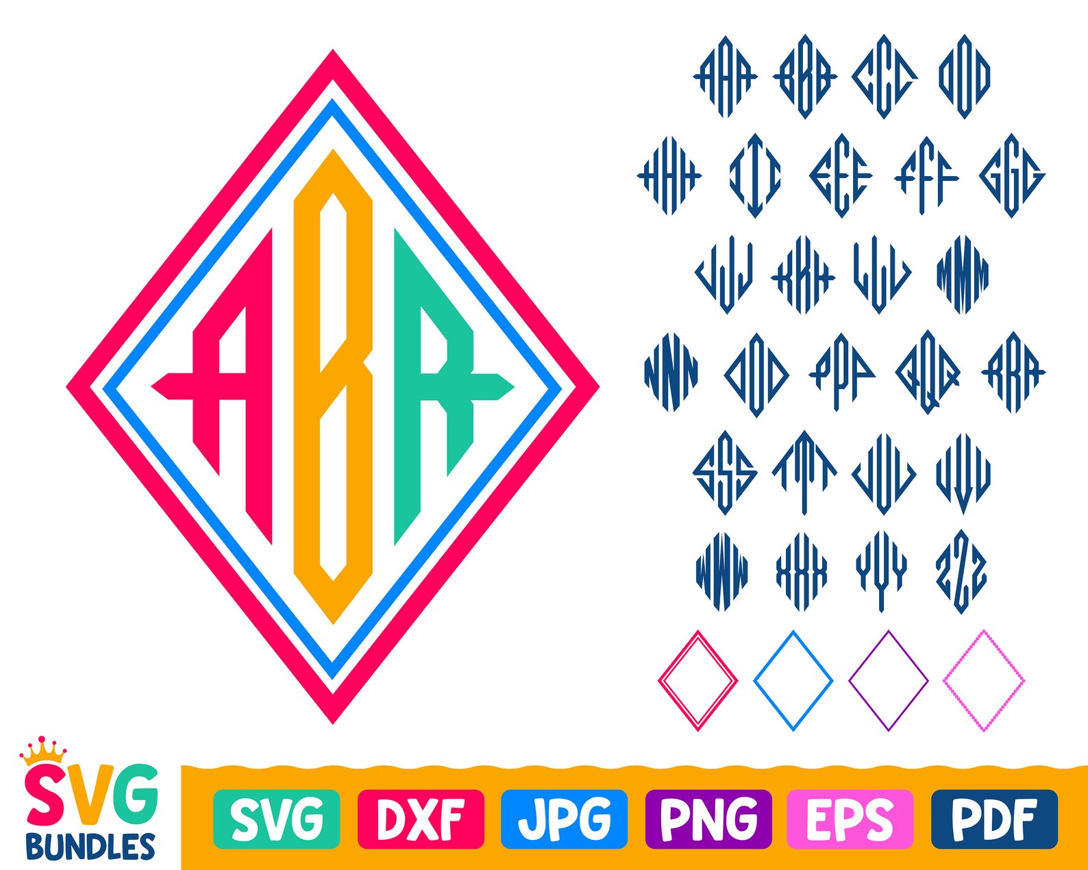 Diamond Monogram Font Svg Rhombus Frames 3 Initial Letters | Etsy