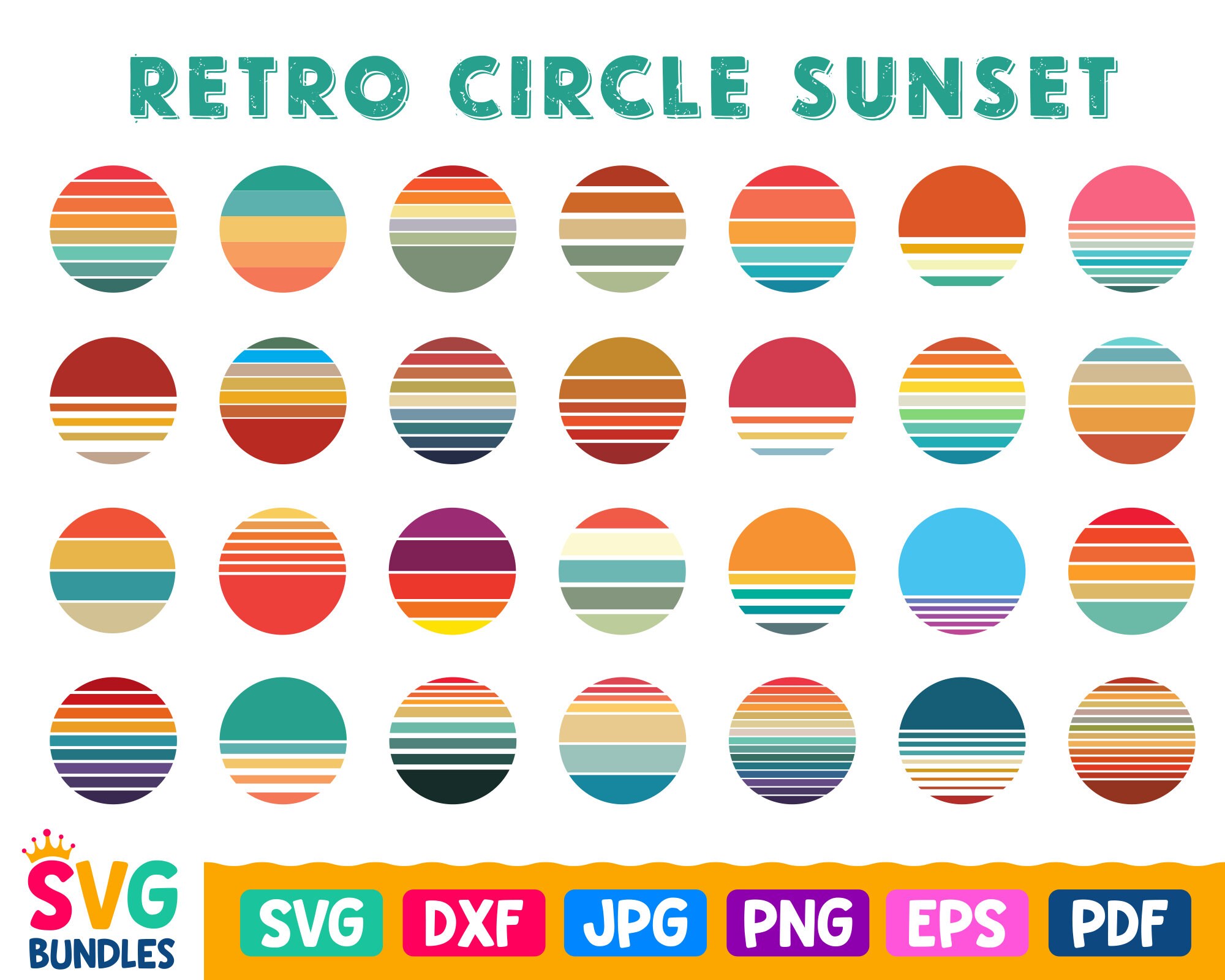 Circle Retro Sunset Svg Bundle Round Vintage Sunset Svg | Etsy