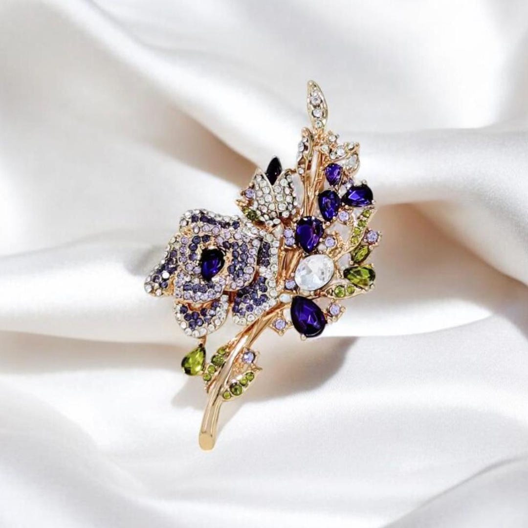 Large Purple Rose Brooch: Crystal Flower Pin, Vintage Style - Etsy ...