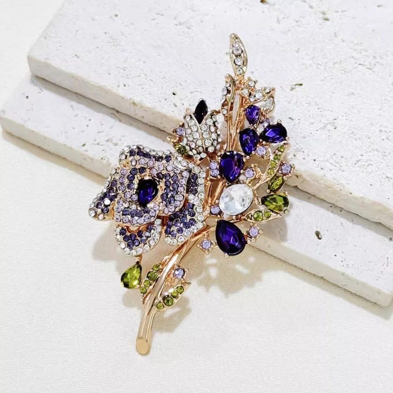 Large Purple Rose Brooch: Crystal Flower Pin, Vintage Style - Etsy ...