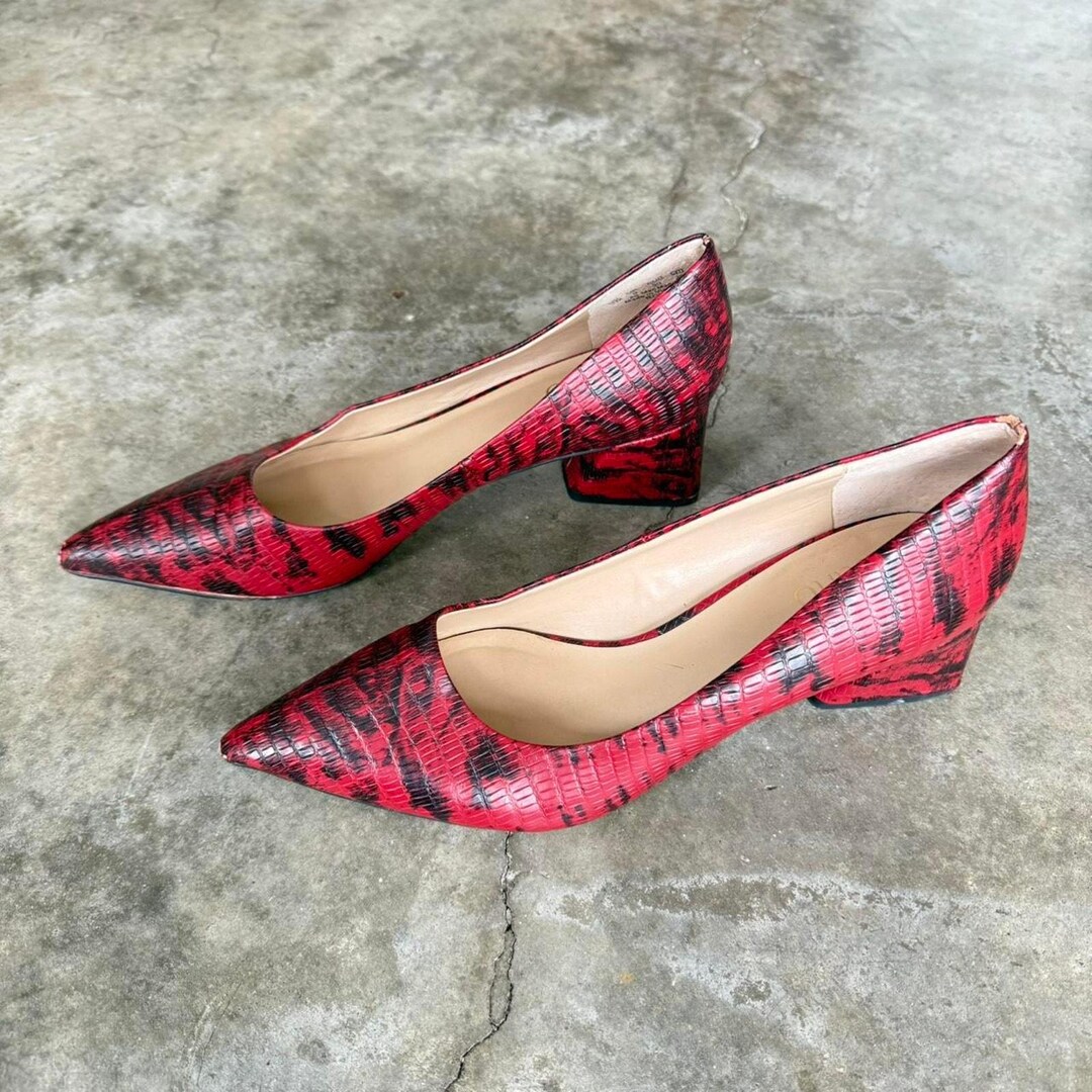 Vintage Snake Print Leather Pumps: Red & Black Block Heels - Size 9 - Etsy