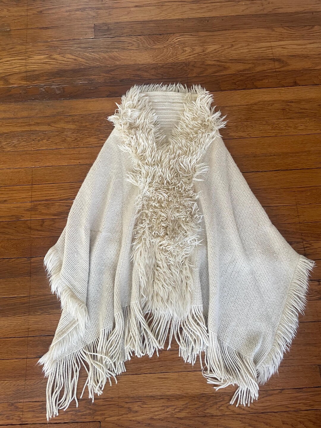 Vintage Y2K Cream Fuzzy Poncho Shawl Cozy Knit Layer for Fall & Winter ...