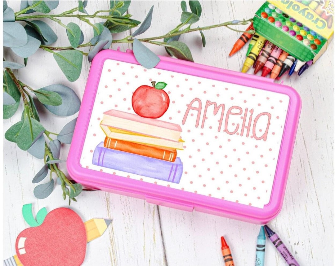 Personalized Pencil Box, Book Stack With Apple, Pink Pencil Box, School ...